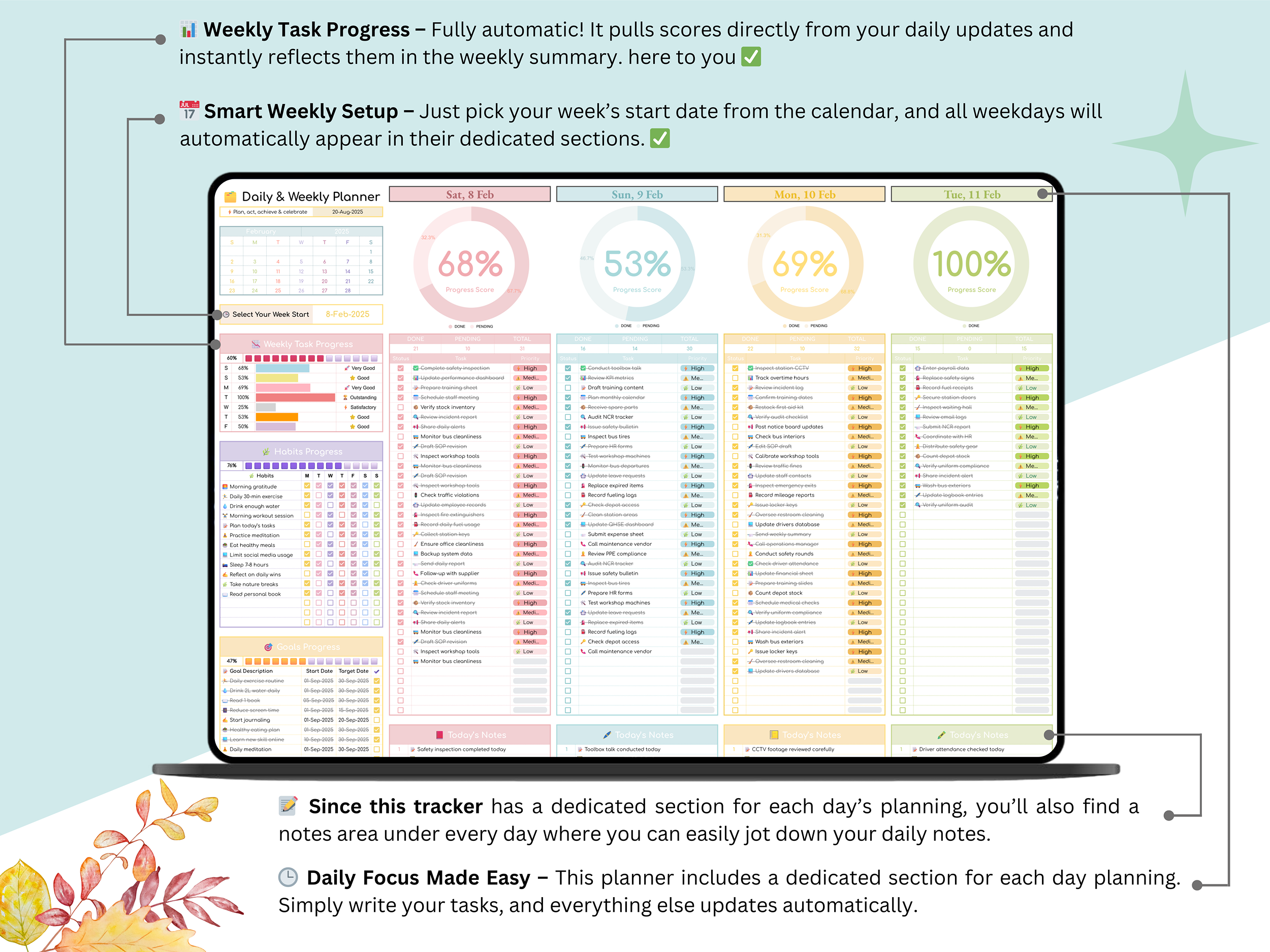 Daily and Weekly Digital Planner google sheets - Eloquens