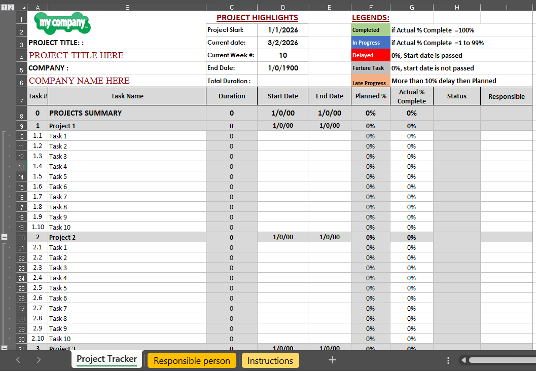 Project Progress & Task Status Tracker Excel Template | Automated ...