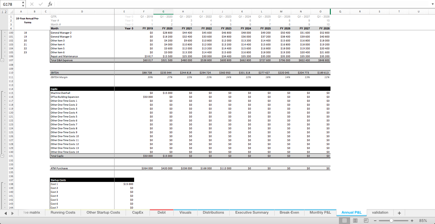 ATM Machines - 10 Year Financial Excel Model Template - Eloquens