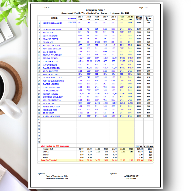Weekly Work Schedule worksheet V01 - Eloquens