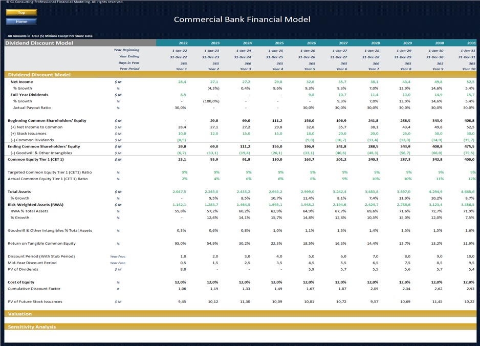 Commercial Bank Financial Model - Dynamic 10 Year Forecast - Eloquens