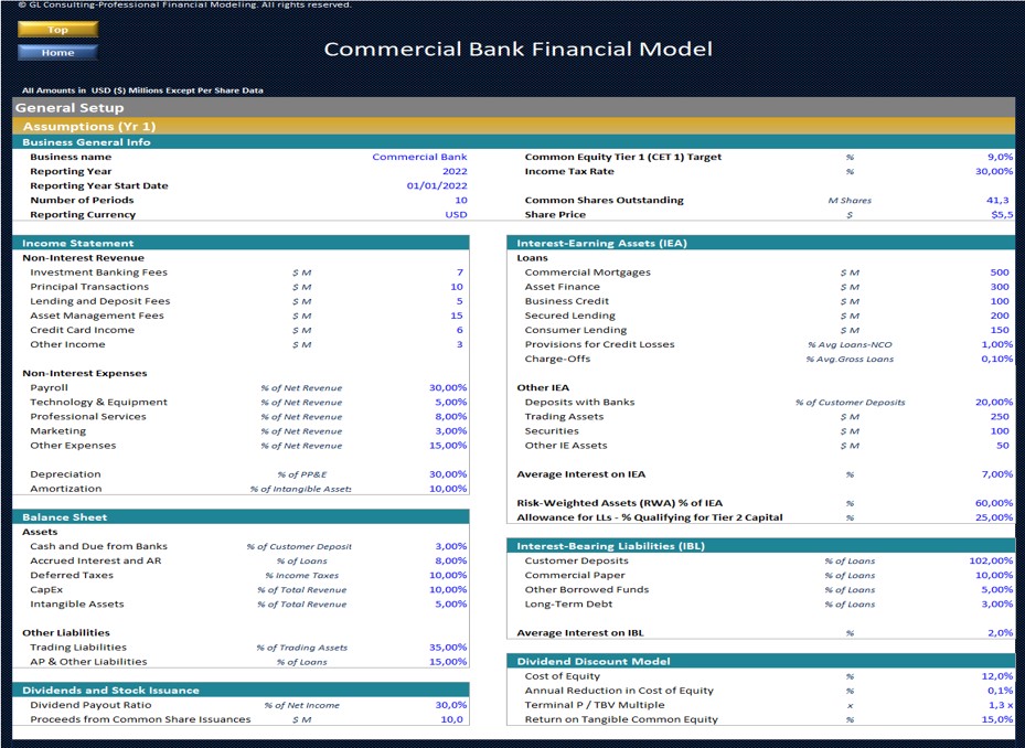 Commercial Bank Financial Model - Dynamic 10 Year Forecast - Eloquens