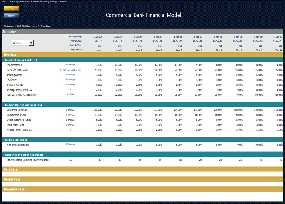 Commercial Bank Financial Model - Dynamic 10 Year Forecast - Eloquens