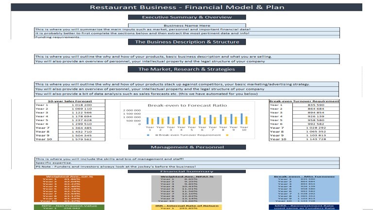 Restaurant Financial Model & Business Plan Template - 10-year Three ...