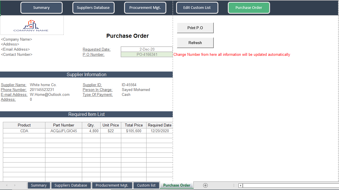 Procurement Management Excel Sheet and Dashboard - Eloquens